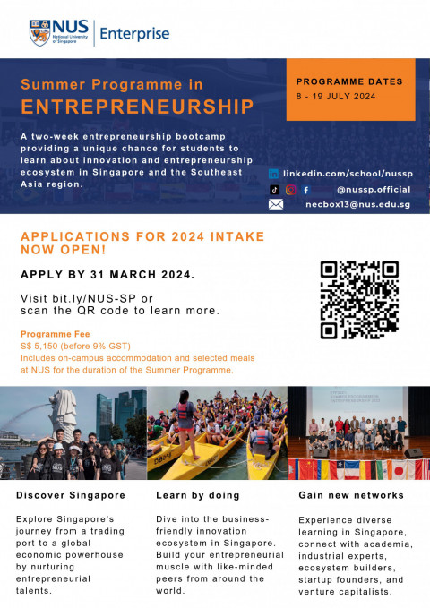 SCHOLARSHIP AVAILABLE FOR HUST STUDENTS IN "NUS Enterprise Summer Program 2024"